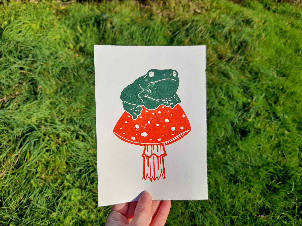 Frog & Toadstool Lino Print - Heather Cogle